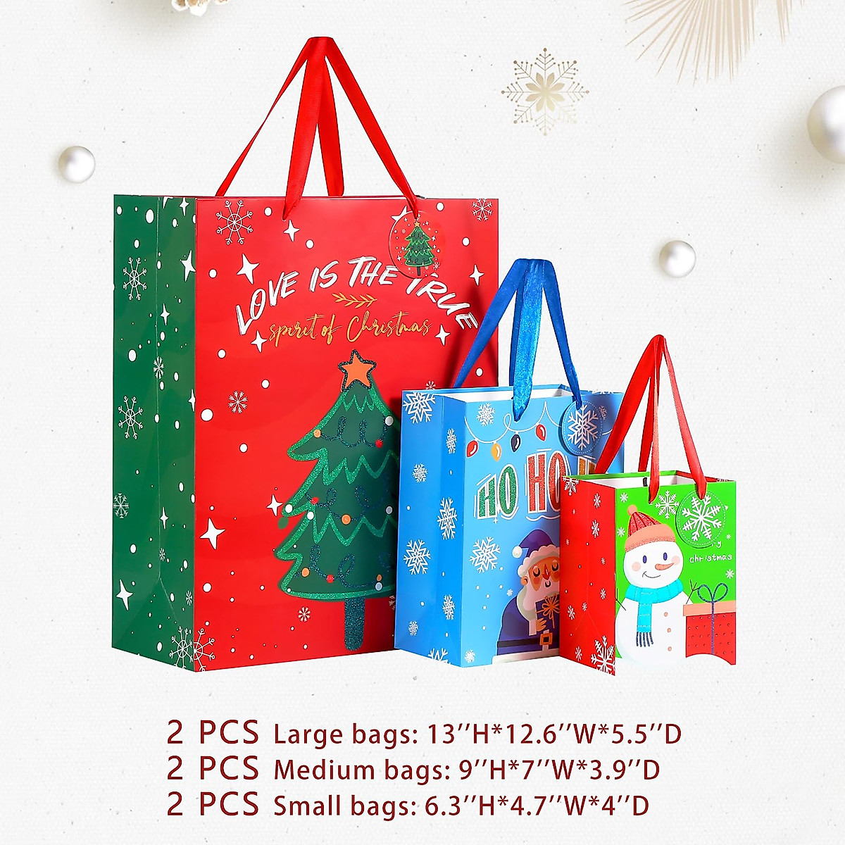 6 PCS Christmas Gift Bags, Christmas Tote Bags with Handles, Assorted Sizes Multifunctional Non-Woven Treat Bags for Gifts Wrapping Shopping, Xmas Party Supplies (2 Large 13", 2 Medium 9", 2 Small 6")