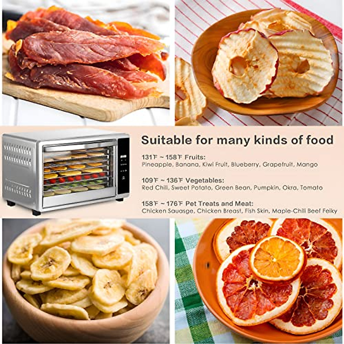 HOMOKUS Food Dehydrator 9 Stainless Steel Trays, Large Food Dehydrator Machine Usable Area up to 13.4ft², 650W Digital Touch Control Food Dryer Dehydrator with 24hrs Timer & up to 176℉ Temperature, Fruit Dehydrators for Food and Jerky, Dog Treats, Meat, V