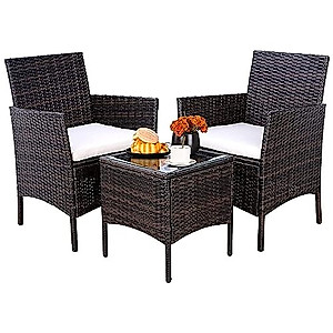 3pcs Patio Furniture Bistro Set PE Rattan Wicker Chairs with Coffee Table Set, Brown