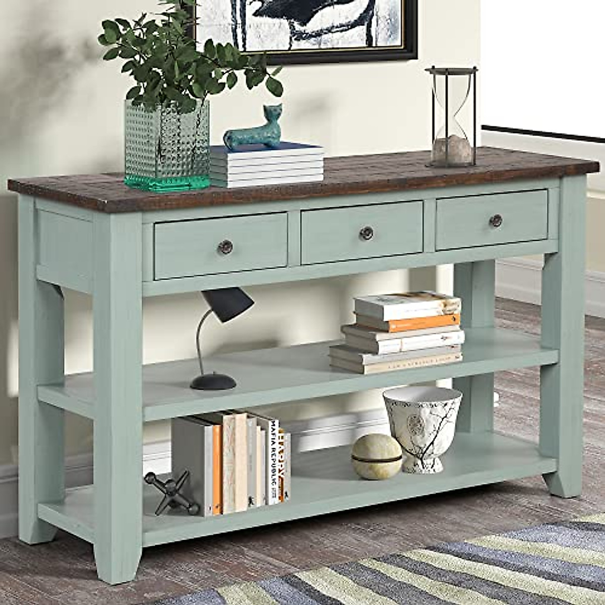 HomSof Console Table 48'' Solid Wood Modern Entryway Sofa Side Table with 3 Storage Drawers and 2 Shelves Green