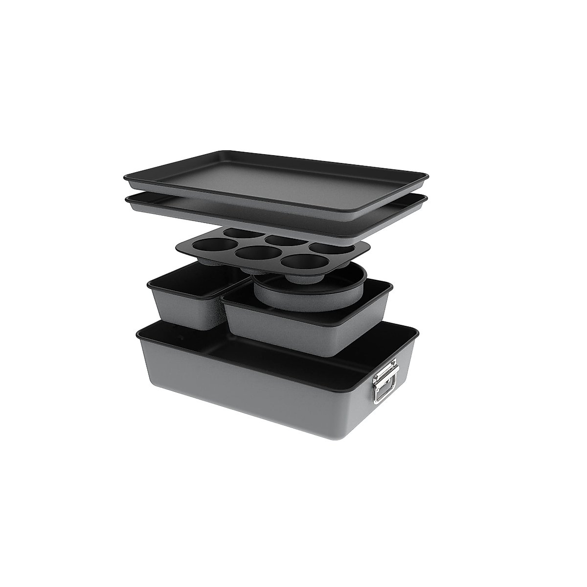 NutriChef 8-Piece Nonstick Stackable Bakeware Set - PFOA, PFOS, PTFE Free Baking Tray Set w/Non-Stick Coating, 450°F Oven Safe, Round Cake, Loaf, Muffin, Wide/Square Pans, Cookie Sheet (Gray)