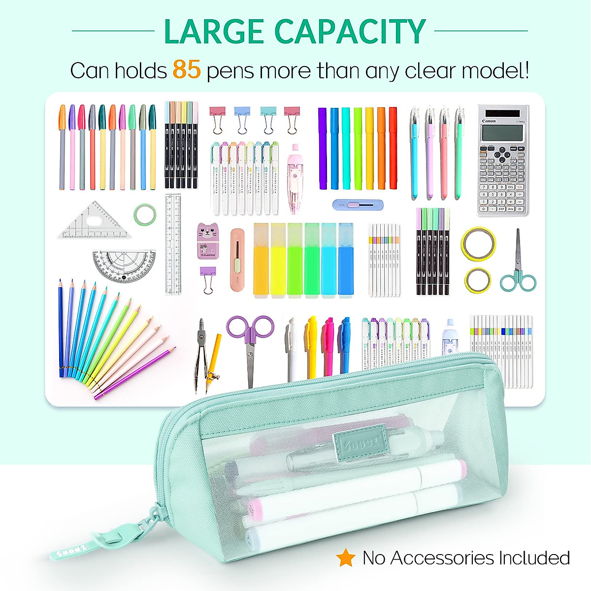 Sooez Large Grid Mesh Pencil Case, Big Capacity Clear Pencil Pouch Pen Bag with Zipper, Cute Stationery Organizer Transparent Makeup Bag for Adult Girls Boys Office School Supplies, Mint Green