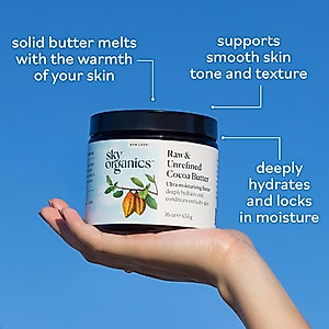 Sky Organics Cocoa Butter for Body, 100% Raw & Unrefined Ultra-Moisturizing Butter to Deeply Hydrate & Condition Skin, Promotes Smooth Skin Tone & Texture, Suitable for Tight or Extra Dry Skin, 16 Oz.