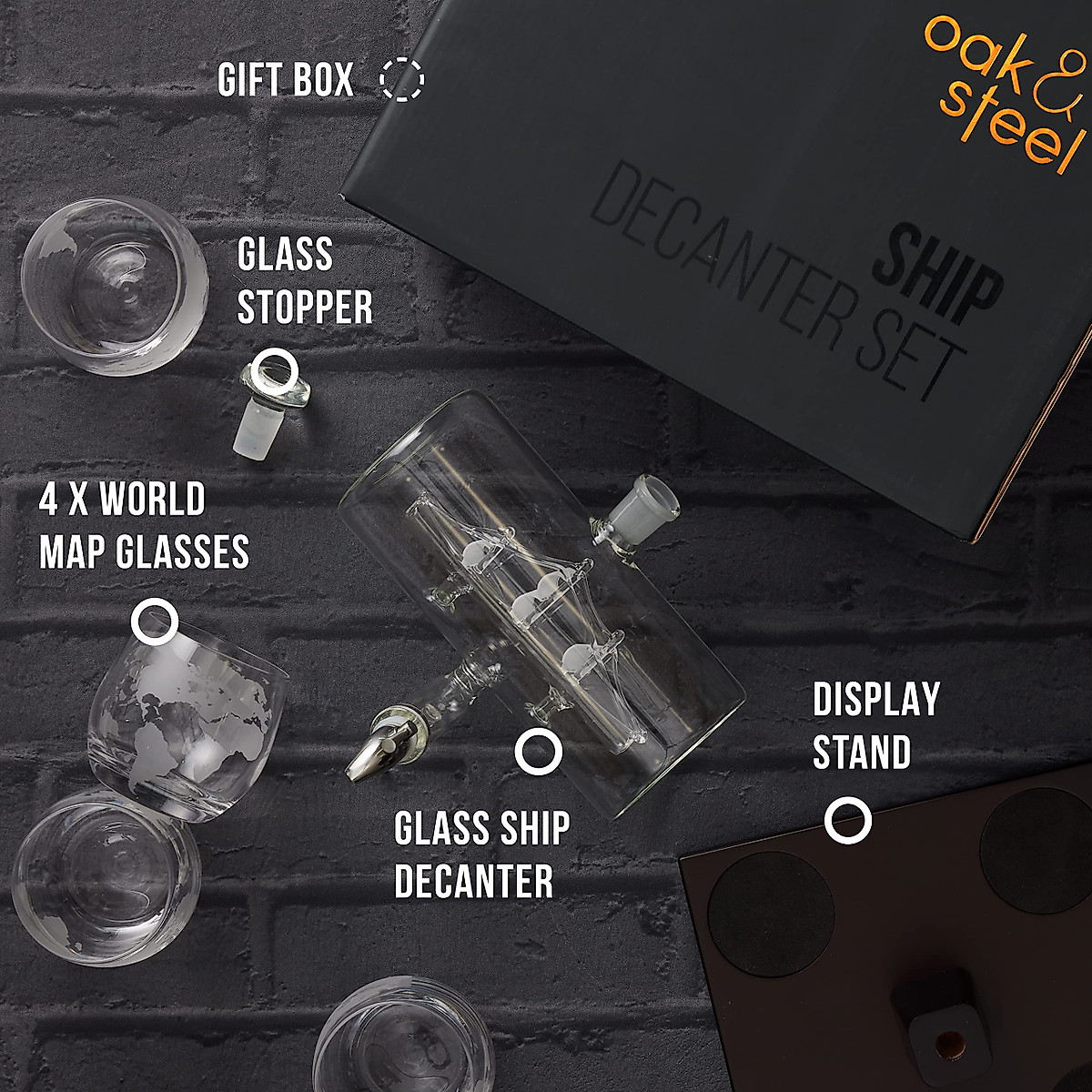 Oak & Steel 35oz/ 1000ml Ship In a Bottle Whiskey Decanter Sets for Men - Wine Decanter Set with Glasses of 4, Whiskey Dispenser & Stand for Whiskey, Bourbon, Vodka, Tequila - Gifts for Men & Husband