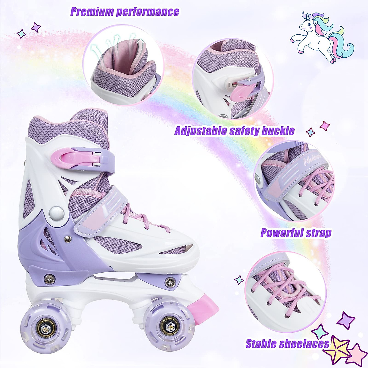 MammyGol Roller Skates for Girls Kids Boys, 4 Sizes Adjustable Quad Toddler Skates Indoor Outdoor Age 5-8 Purple Size 1 2 3 4