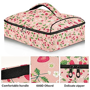 Kcldeci Insulated Thermal Food Carrier Insulated Casserole Carrier for Hot or Cold Food,Strawberries on Pink Insulated Tote Bag for Potluck Cookouts Parties Picnic,Lasagna Lugger