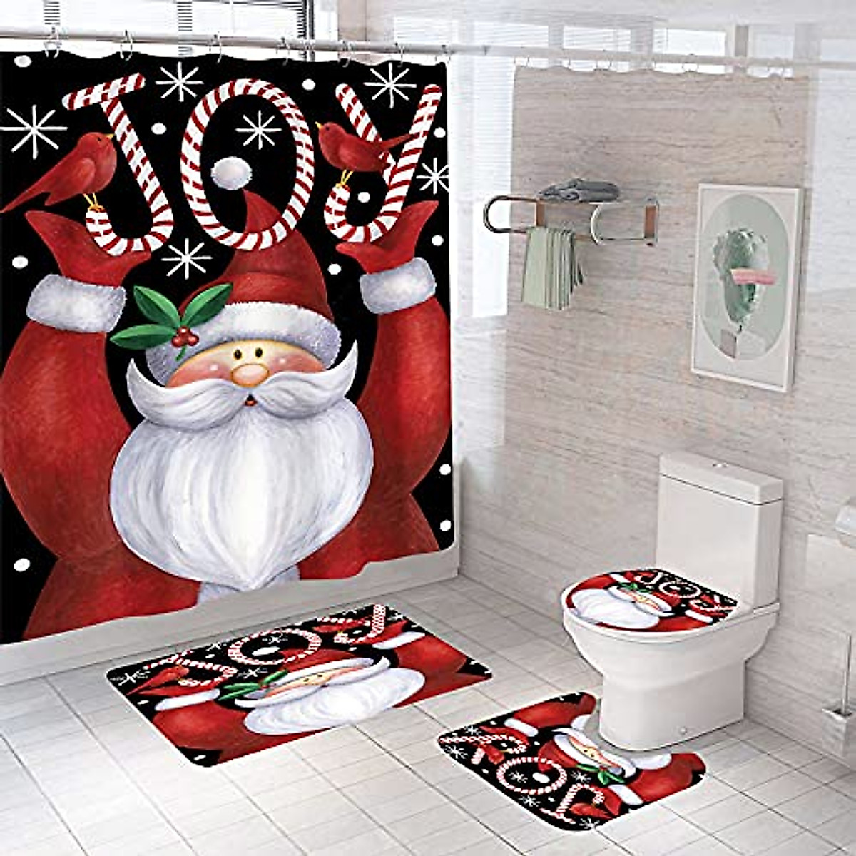 4Pcs Xmas Merry Christmas Shower Curtain Set with Non-Slip Rugs and Toilet Lid Cover Winter Holiday Santa Claus Fabric Shower Curtain Bathroom Decor with Hooks Waterproof Washable 72" x 72''