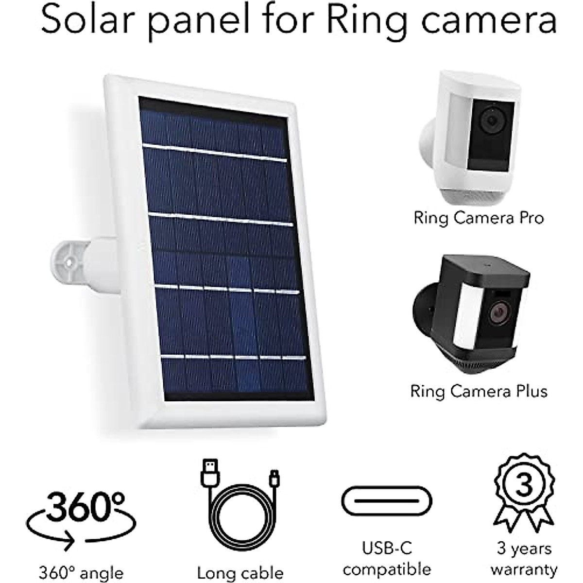 Wasserstein Solar Panel Compatible with Ring Spotlight Cam Plus/Pro/Battery, and Ring Stick Up Cam Battery - Includes Barrel Plug with USB C Adapter - 2W 5V Charging (1-Pack, White)