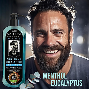 Mens Body Wash with Menthol & Eucalyptus, 32 Fl Oz, All Natural 3-In-1 Body Scrub and Liquid Soap for Gentle Cleansing, Vegan Friendly, Sulfate Free, and Cruelty Free