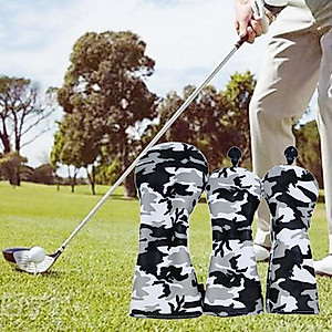 Milageto 3 PCS Waterproof Camouflage Golf Club Head Covers for Fairway Wood and Driver Headcover Black Camo Pattern with Number Tag - 3PCS No 1 3 5