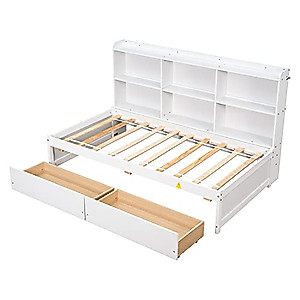 HomSof Twin Bed with Side Bookcase, Drawers,White