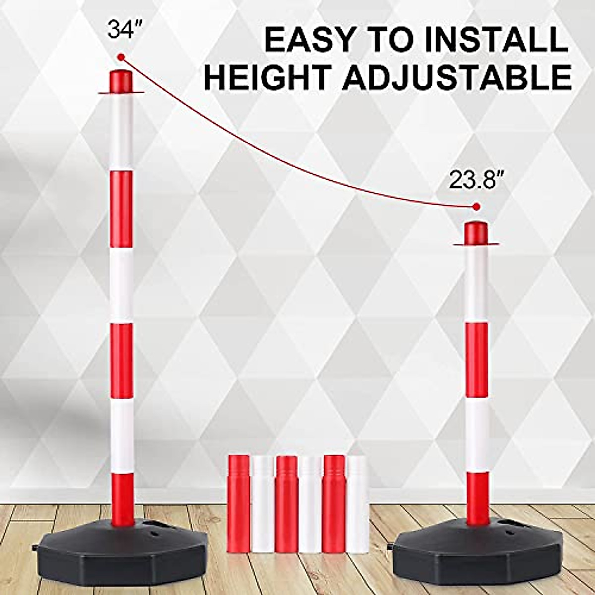 [2 Pack] Traffic Delineator Post Cones with Fillable Base, Portable Parking Pole Barrier with 8ft Chain, Traffic Safety Delineator for Parking Lot, Construction Lot (Red & White)