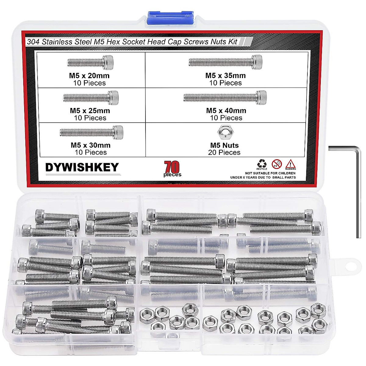 DYWISHKEY 70 Pieces M5 x 20mm/25mm/30mm/35mm/40mm Stainless Steel 304 Hex Socket Head Cap Bolts and Nuts Kit