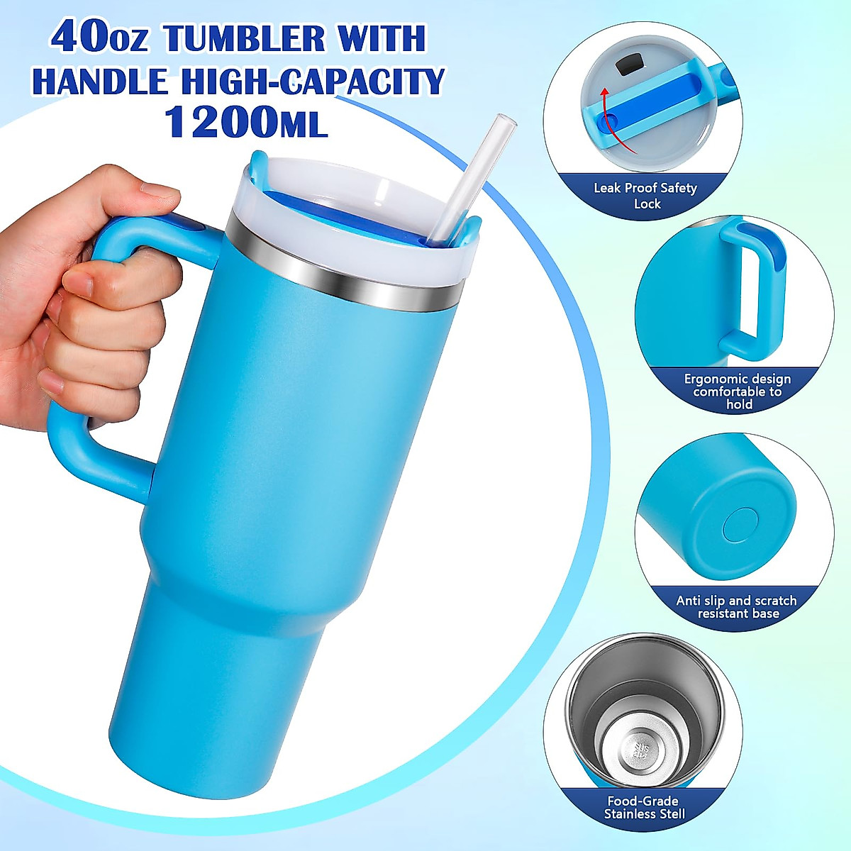 BELYQLY New Version 40oz Stainless Steel Vacuum Insulated Tumbler with Lid and Straw for Water, Smoothie and More, Iced Tea or Coffee (Pool Blue)