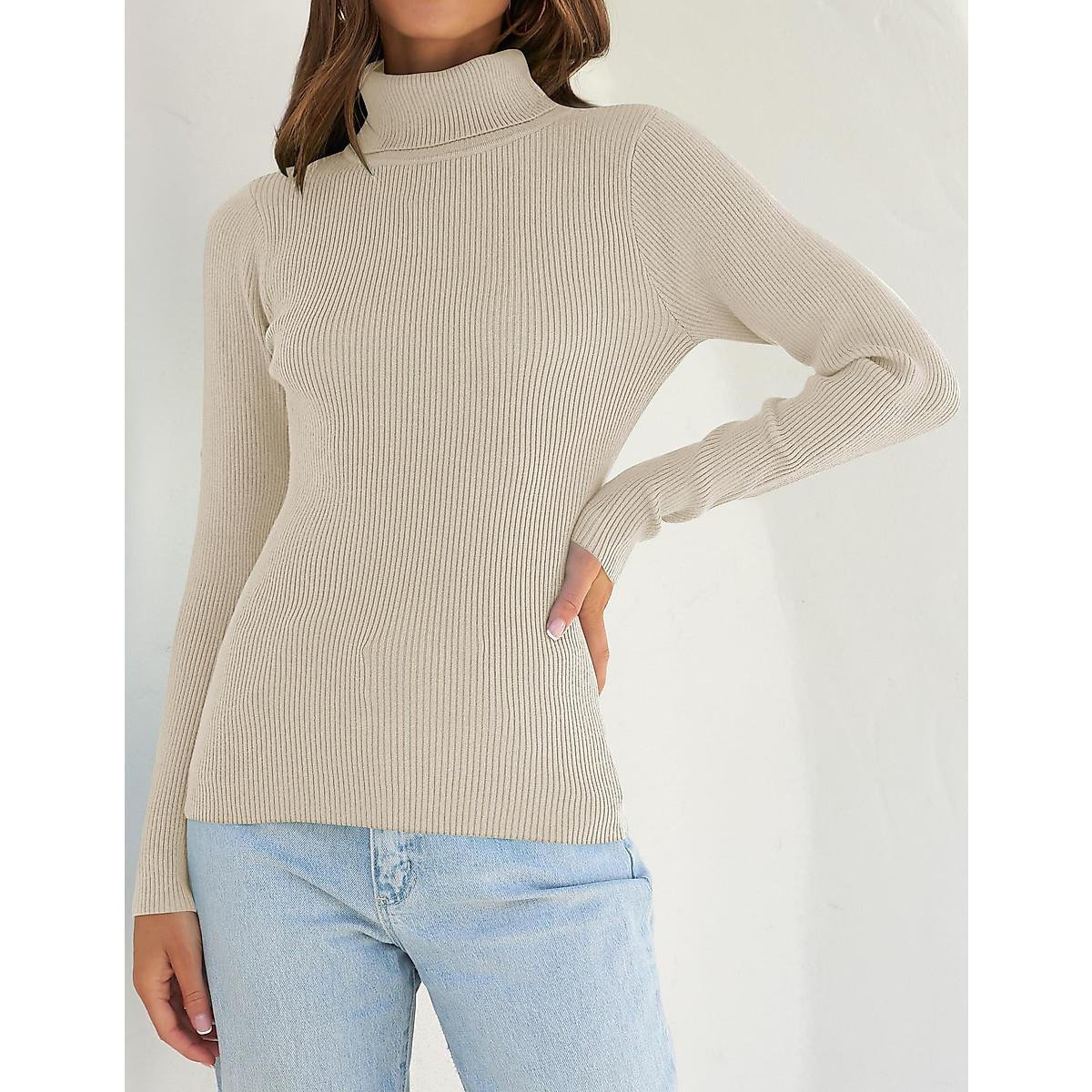 ZESICA Women's Turtleneck Long Sleeve Shirts Spring Basic Tops Slim Fitted Ribbed Knit Sweater,Apricot,Medium