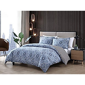 City Scene Duvet Cover Set Reversible Cotton Bedding with Matching Shams, All Season Home Decor, Twin, Milan Blue