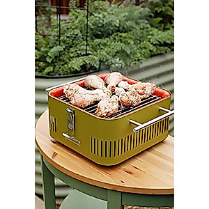 Everdure Cube Portable Charcoal Grill, Tabletop BBQ, Perfect Tailgate, Beach, Patio, or Camping Grill, Lightweight & Compact Small Grill with Preparation Board & Food Storage Tray, Khaki