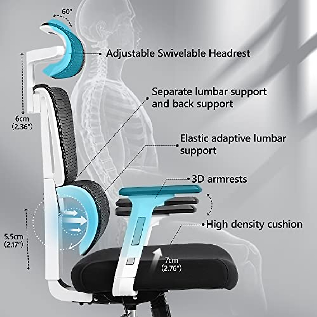 Primy Ergonomic Mesh Office Chair - High Back Computer Chair with Adjustable Lumbar Support and 360 Degree Swivel (White)