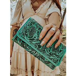 Virginia Handbags Handmade Womens Wallet. Rich and Deep Hand Tooling. (Turquoise)