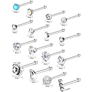 JOVITEC Stainless Steel Nose Stud Set Steel Nose Ring Rose Ball Labret Body Piercing Jewelry for Party Wear or Clothes Matching, 20 G (16 Pieces, Bone Stud)