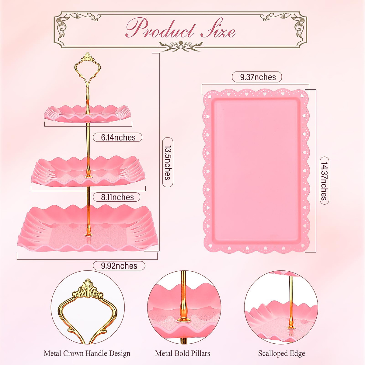 DI QIU REN 8 Pcs Dessert Table Display Set Plastic Square Pink Cupcake Stand 2Pcs 3 Tier Cupcake Stands with Gold Rod Cookie Tray Rack Serving Tower 6Pcs Dessert Trays for Tea Party Baby Shower