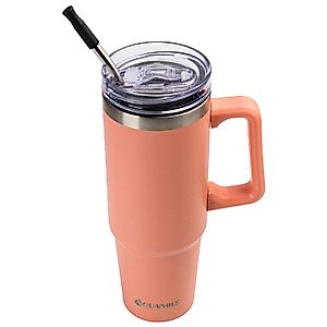 AQUAPHILE 35oz Tumbler with Handle, Insulated Coffee Tumbler with Leak-proof Lid and Straw, Reusable Stainless Steel Water Bottle, Double Wall Travel Coffee Mug for Hot&Cold Drinks(Peach Pink)