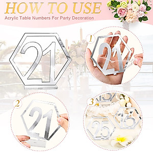 Jetec Table Numbers Wedding Acrylic Table Numbers Hexagon Wedding Numbers Hollow Out Reception Stands Seat Numbers with Holder Base for Wedding Party Event Catering Decoration (Silver)