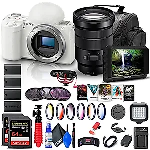 Sony ZV-E10 Mirrorless Camera (Body Only, White) (ILCZV-E10/W) + Sony 18-105mm Lens + 4K Monitor + Pro Mic + 2 x 64GB Card + Color Filter Kit + Filter Kit + Corel Photo Software + Bag + More (Renewed)