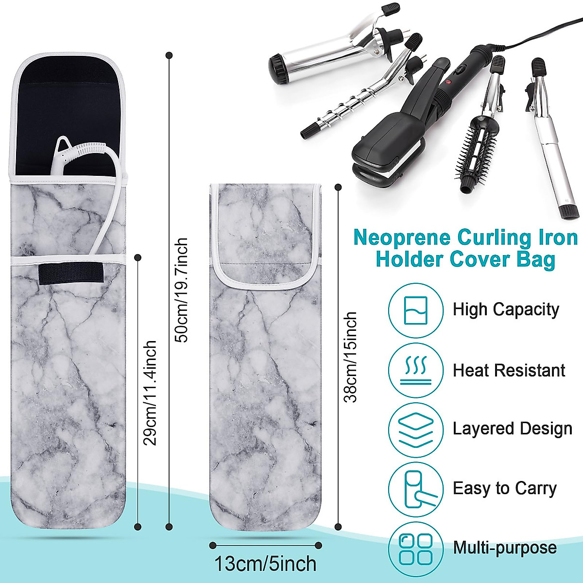 Shappy 2 Pieces Flat Iron Travel Case Heat Resistant Curling Iron Holder Cover Travel Sleeve Neoprene Straightener Holder and Silicone Hot Tools Flat Bag(Marble Style)