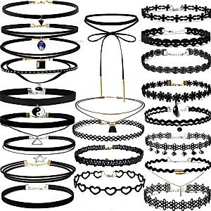 YOKER 22 Pcs Necklaces Black Velvet Choker Set for Womens Velvet Choker Set Classic Gothic Tattoo Lace Chokers Adjustable for Party Cosplay Christmas Birthday