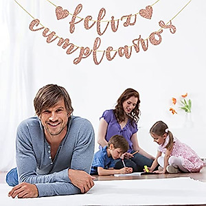 INNORU Feliz Cumpleaños Banner, Happy Birthday Party Decorations, Fiesta Themed Party Sign Banner, Birthday Party Decoration Rose Gold Glitter