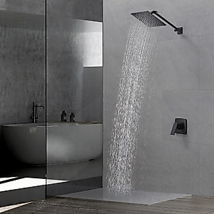 Hoimpro Adjustable Extension Shower Arm Shower System with 8 Inch Rain Shower Head Wall Mounted Shower Kit, Bathroom Rainfall Shower Faucet Fixture Combo Set with Rough-in Valve Body, Matte Black