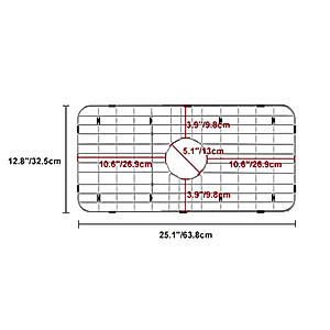 SlimmKISS Sink Protector Sink Grates Stainless Steel Bottom Grid 25" X 12.8", Centered Drain with Corner Radius, Metal Sink Grate Protector