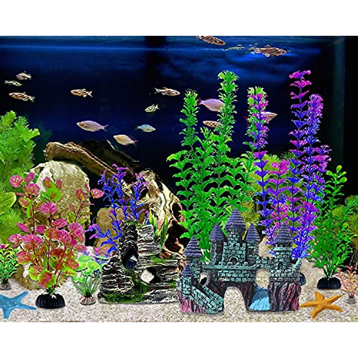 Mechpia 13 Pieces Aquarium Decorations Kit, Fish Tank Decorations Set Small Resin Castle and Rockery Betta Fish Cave Hideout Coral Artificial Plastic Plants Ornament Accessories
