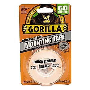 Gorilla Tough & Clear, Double Sided Mounting Tape, Weatherproof, 1" x 60", Clear, (Pack of 1)