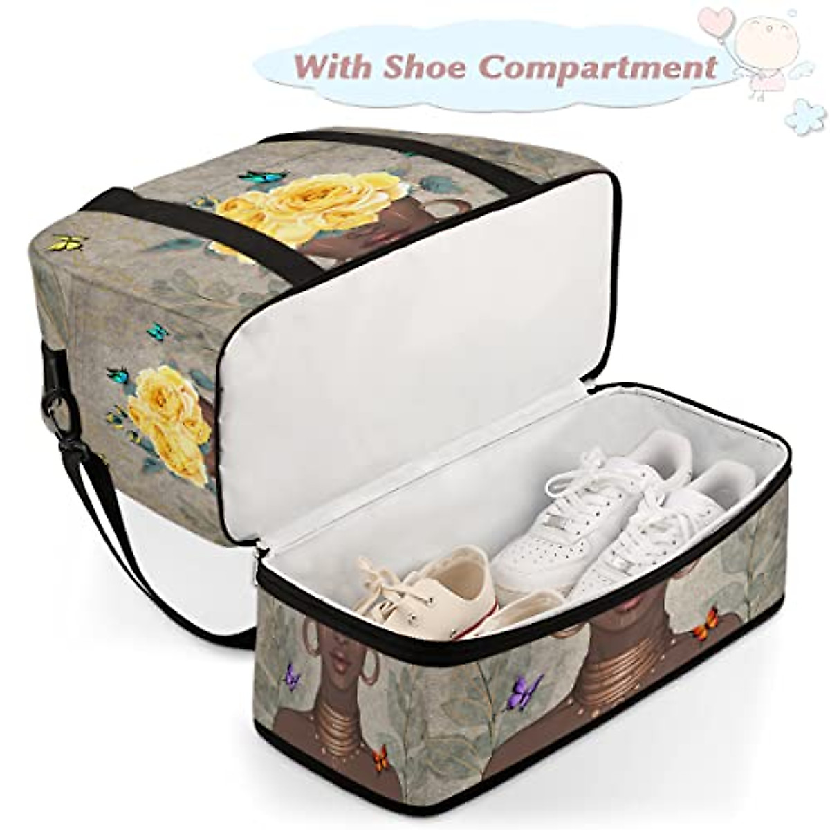 Travel Duffel Bag African Afro Woman Butterfly Sport Gym Bag for Woman Man,Waterproof Foldable Weekend Overnight Bag for Yoga Workout Training with Shoe Compartment
