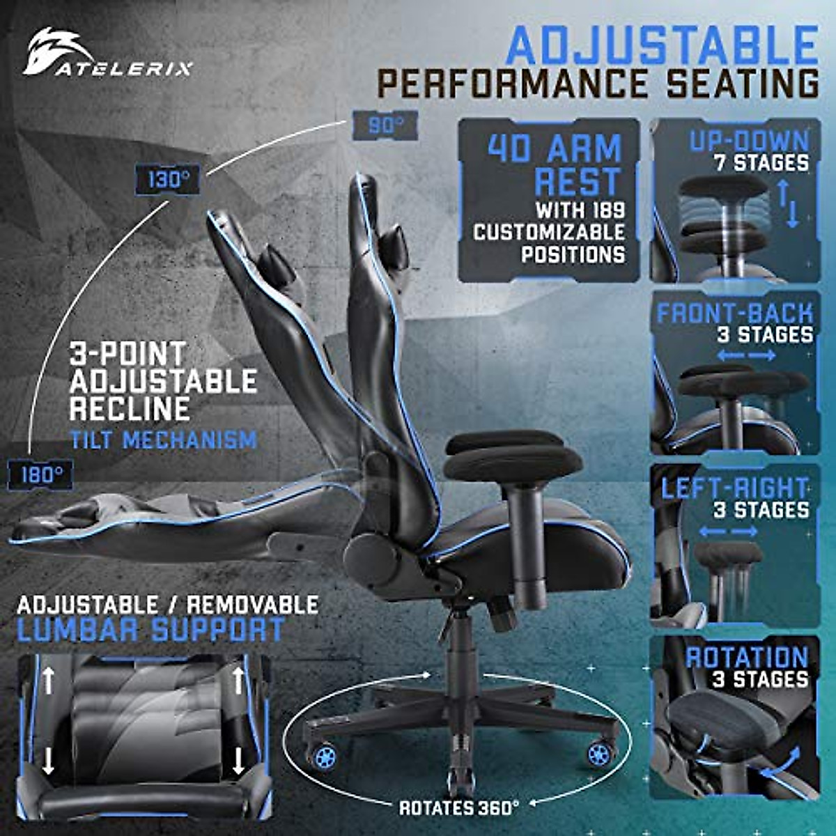 Atelerix Ventris - PU Leather, Fabric, & Extra Wide Options - Office or Computer Chair - Tilting & Ergonomic Adjustable Swivel Game Chair w/ 4D Covered Armrests, Headrest & Lumbar Support