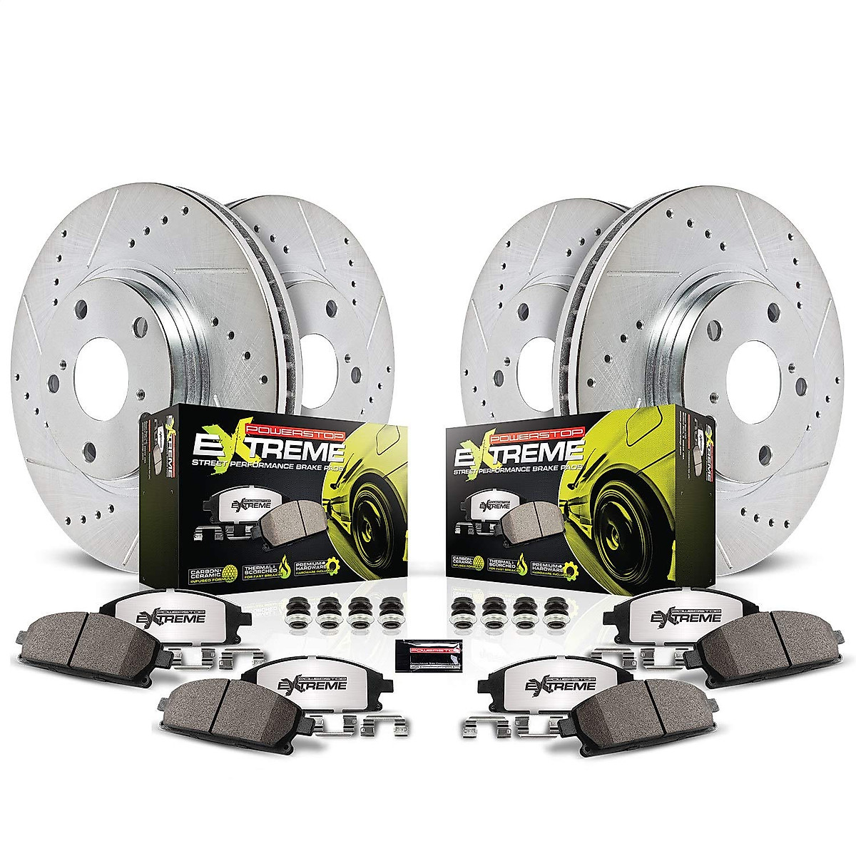 Power Stop K8170-26 Front and Rear Z26 Carbon Fiber Brake Pads with Drilled and Slotted Brake Rotors Brake Kit For Dodge Challenger Charger
