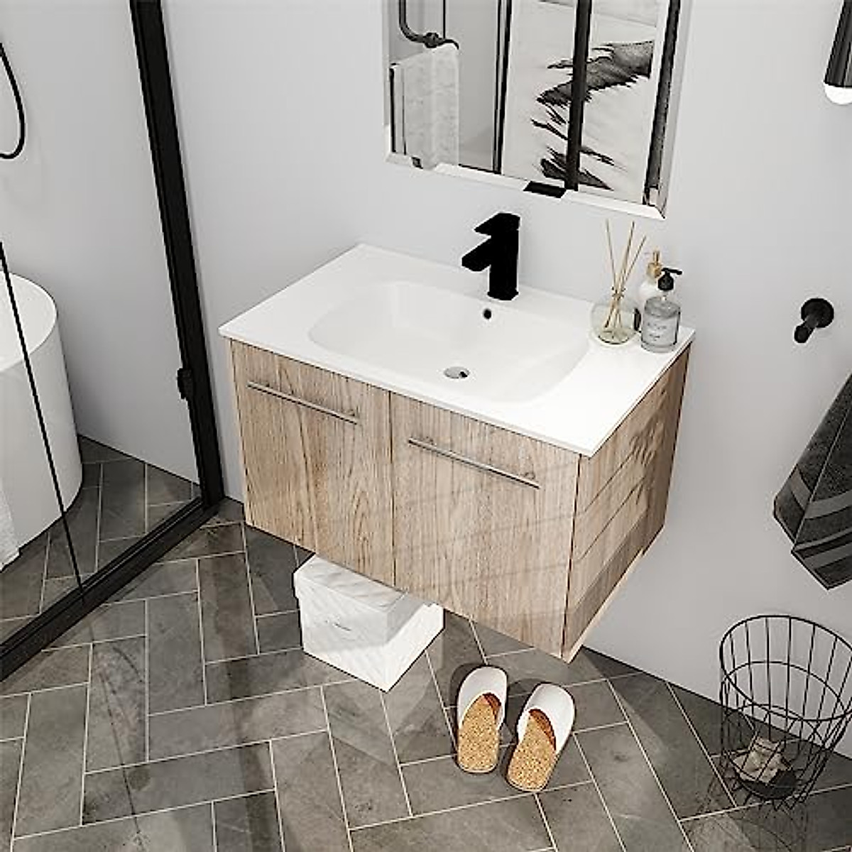 30 Inch Wall Mounted Bathroom Vanity Sink Combo, Modern Bathroom Vanity Set with Gel Sink Top, 2 Door Storage Cabinet with Handle, Hanging Bathroom Vanity w/Sink