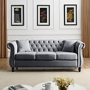SZUBEE Modern 80" Chesterfield Grey Velvet, 3 Seater Sofa Tufted Couch with Rolled Arms,Nailhead andtwo Pillows for Living Room, Bedroom, Office, Apartment