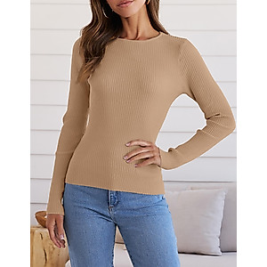 ZESICA Women's Long Sleeve Crewneck Shirts Spring Knit Sweater Slim Fitted Casual Basic Tee Tops,Toffee,Medium