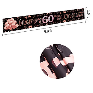 Pimvimcim Happy 60th Birthday Banner Decorations, Rose Gold Large 60 Birthday Party Sign Supplies, 60 Years Old Birthday Photo Booth Backdrop Decor for Women(9.8x1.6ft)