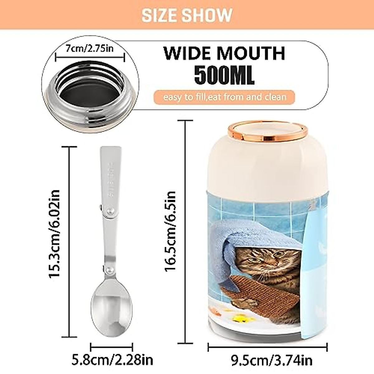 CUPADA Funny Cat Kitten Food Jar, Yellow Rubber Duck Insulated Hot Food Jars Vacuum 17OZ with Folding Spoon for Work Trip Picnic Camping