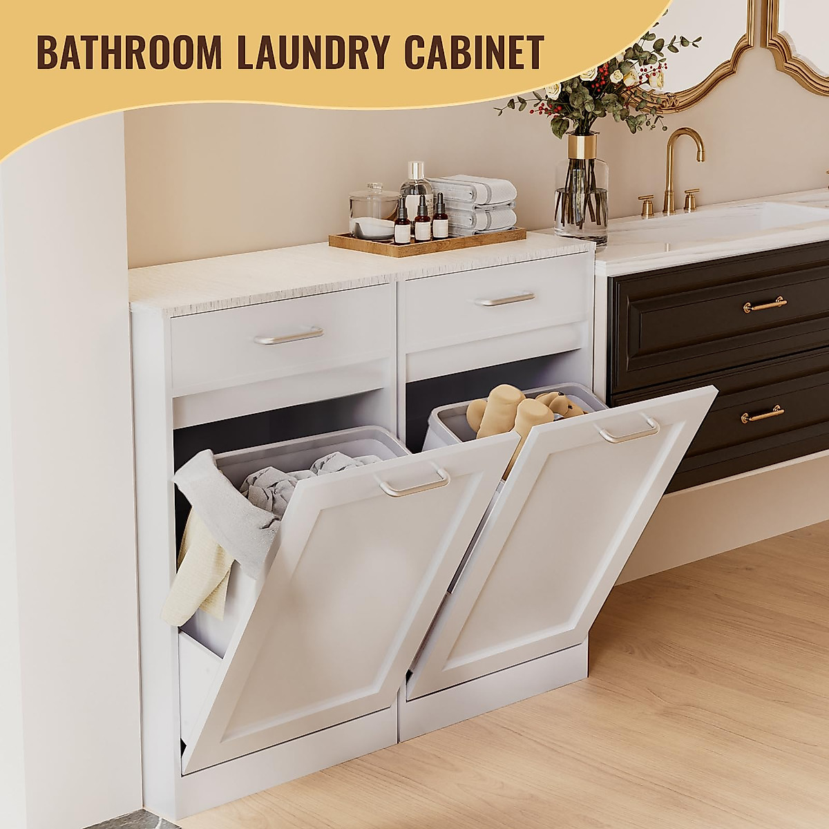 Gegcucey Tilt Out Trash Can Cabinet, Kitchen Grabage Can Cabinet with Drawers, Hamper Cabinet Easy Assemble Dog Proof Trash Can Cabinet with Storage Sturdy 2 * 10 Gallon Trash Can Kitchen Island