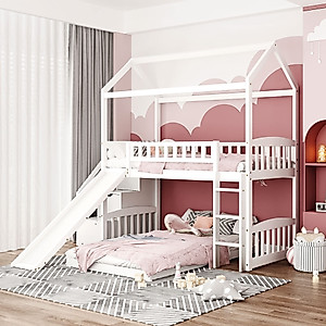 Twin Over Twin Bunk Bed with Slide, House Bunk Bed with Storage Stairs, Wooden Floor Bunk Bed with Roof and Security Guardrails, L Shaped House Bunk Bed for Kids Teens Boys Girls,White