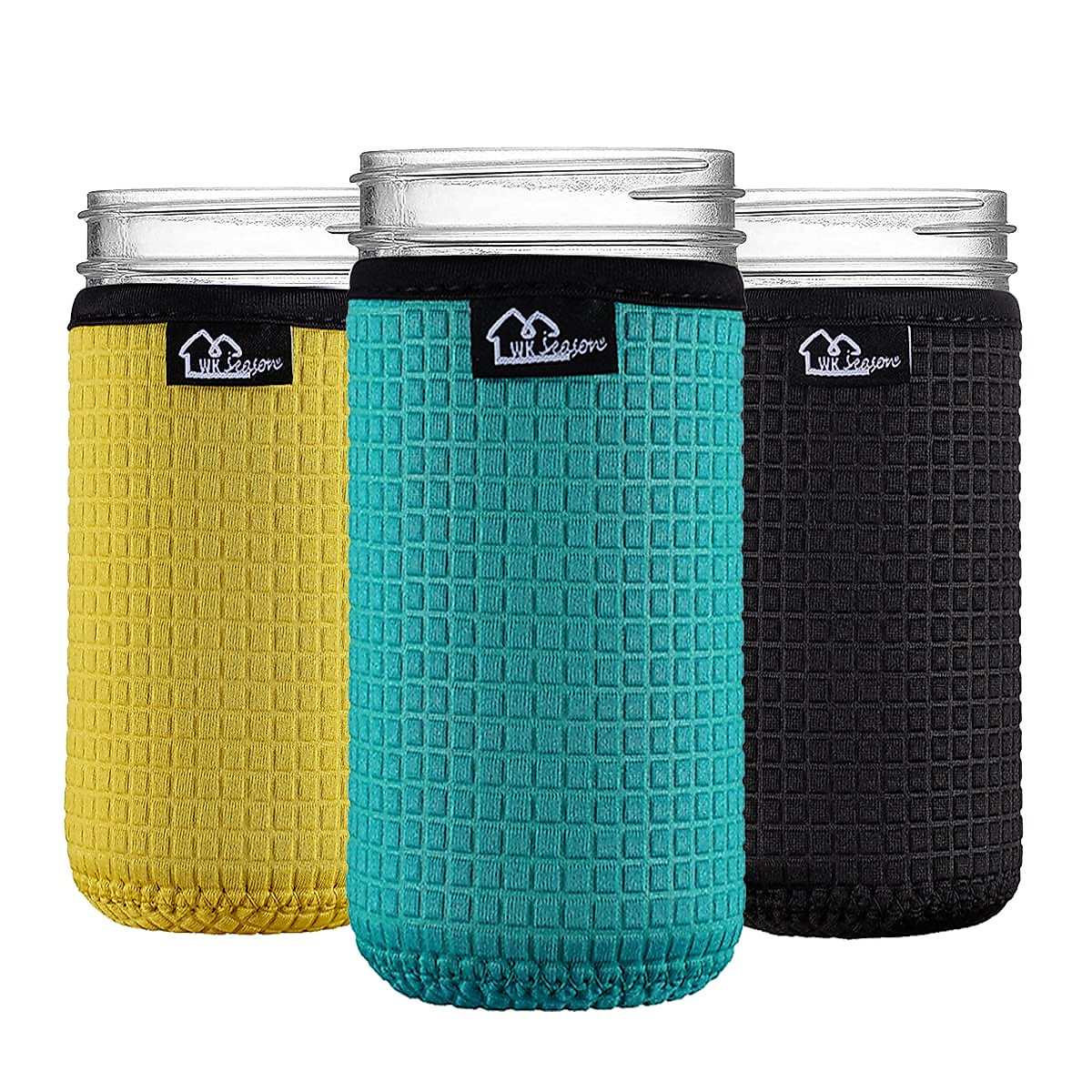 WKieason Wide Mouth Mason Jar Neoprene Sleeve 16-24OZ Mason Jar Sleeves 16OZ 24OZ Wide Mouth Sleeve Cover Coat (24OZ/Black/Yellow/Blue)