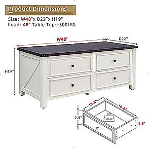 48” Modern Farmhouse Wood Coffee Table with 4 Large Storage Drawers; Decorative Rustic Living Room Coffee Table; Work from Home, Office and Living Room Storage for Books, Desk Supplies, Games, Blanket