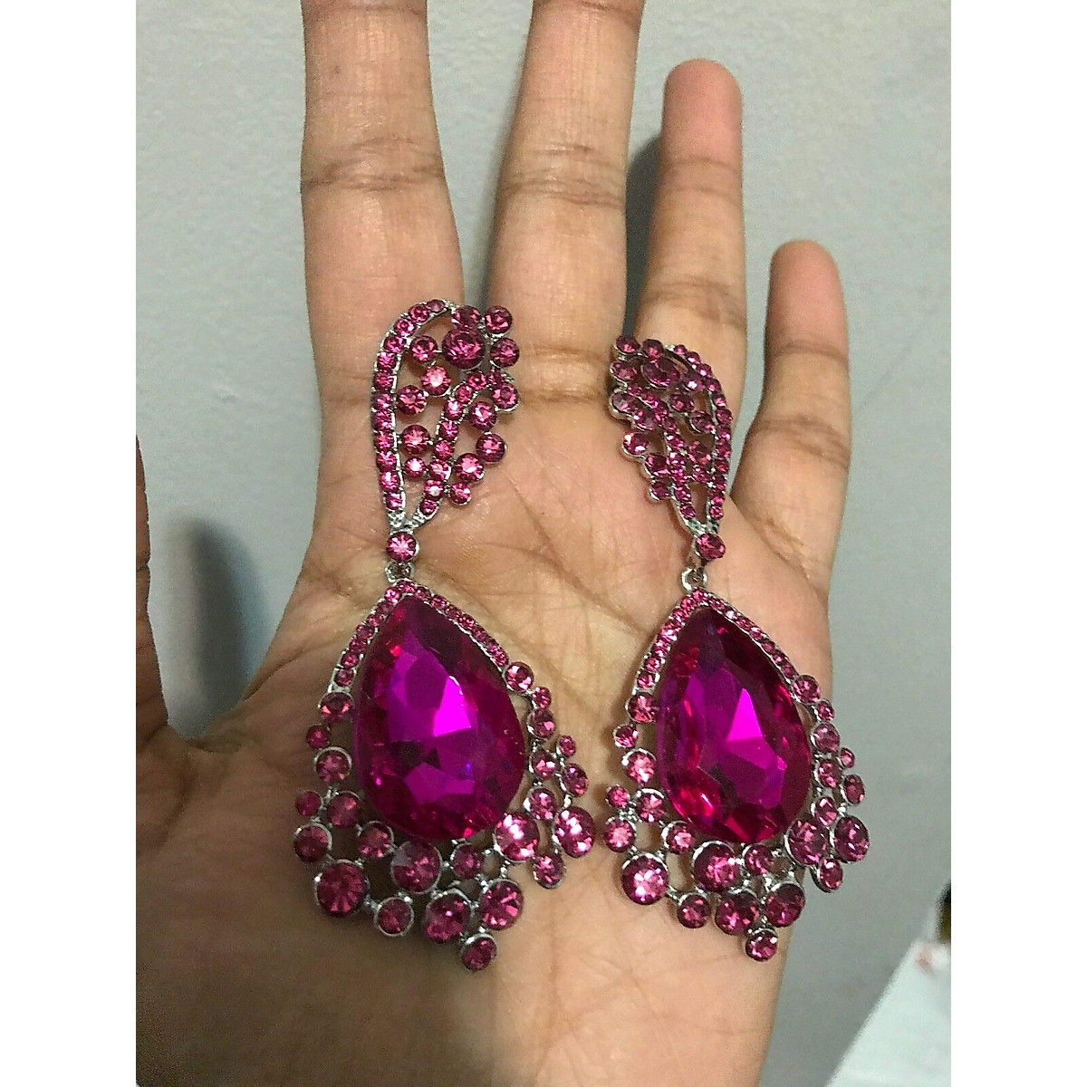 3.25" Long Hot Pink Fuchsia Dangle Pageant Rhinestone Crystal Silver Earrings