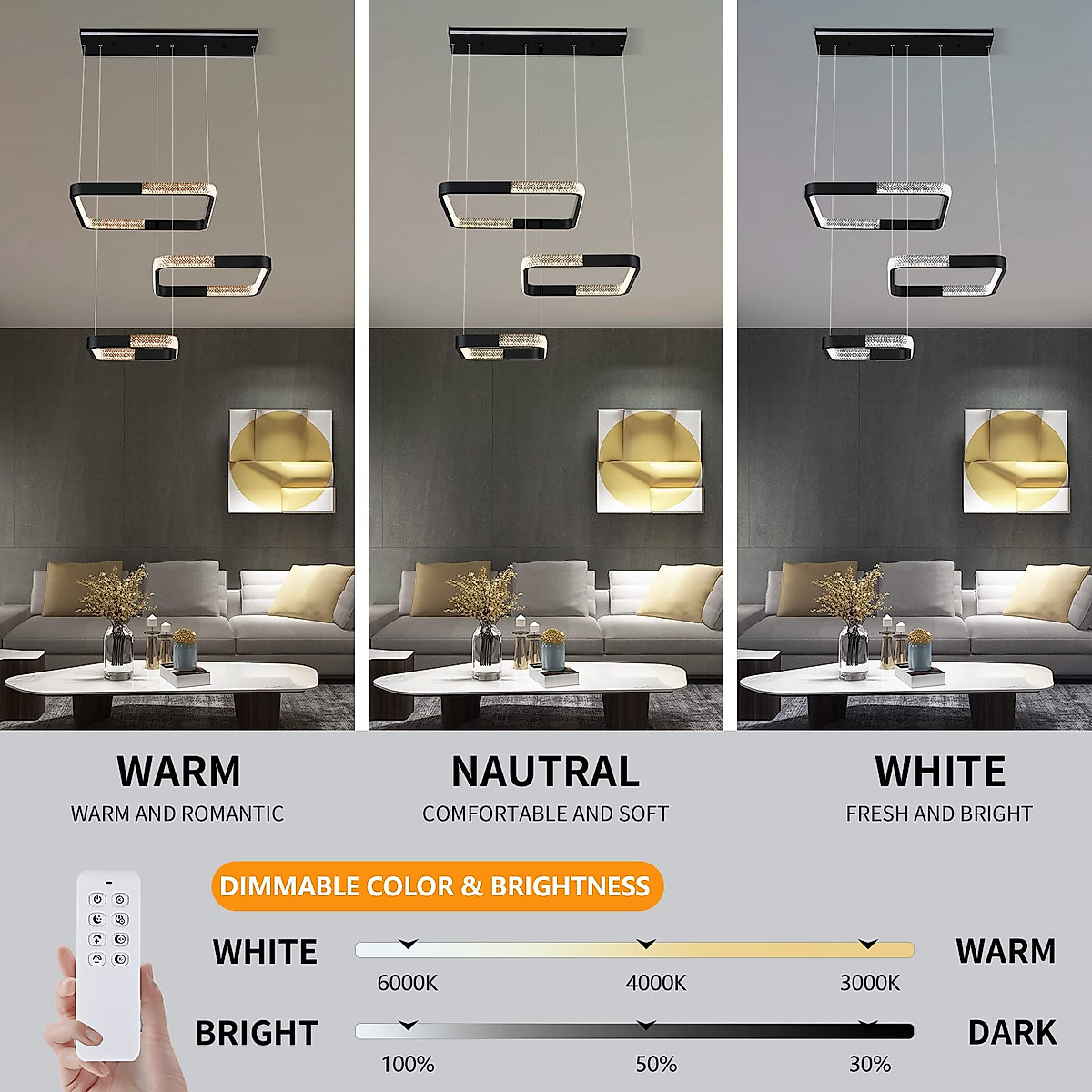 Dimmable Modern 70W LED Crystal Island Light with Remote 3 Color 3000K-6000K Adjustable 3 Black and Gold Square Rings Pendant Lighting for Modern Pendant Light for Dining Room Living Room