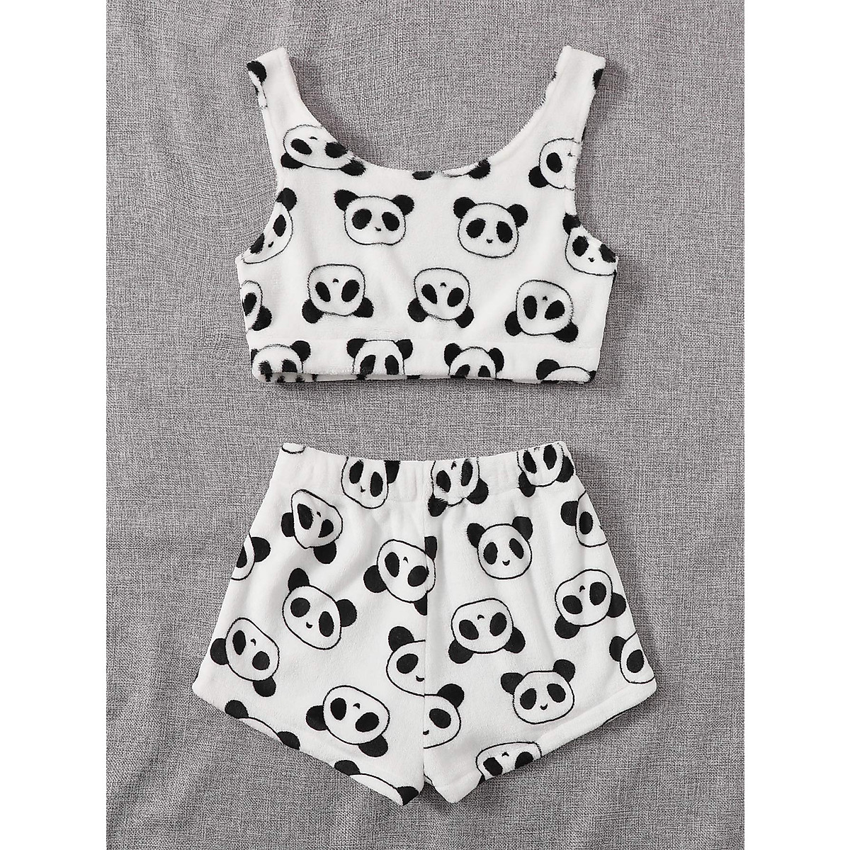 SweatyRocks Women's Fuzzy Pajamas Set Crop Tank Top with Shorts Loungewear Panda White S